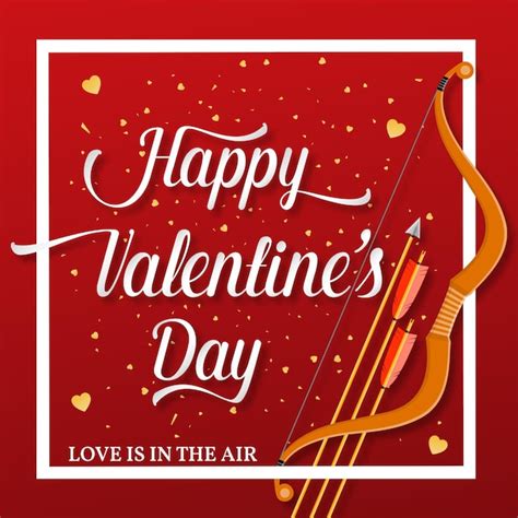 황금 활과 화살로 해피 발렌타인 데이 레터링 텍스트 프리미엄 벡터