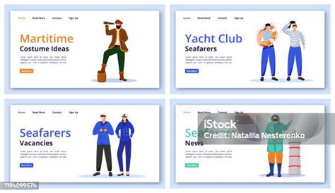 해상 문자 방문 페이지 벡터 템플릿 집합입니다 해양 의상 웹 사이트 인터페이스 아이디어 평면 일러스트 요트 클럽 아이디어 홈페이지 레이아웃 선원 뉴스 웹 배너 웹 페이지