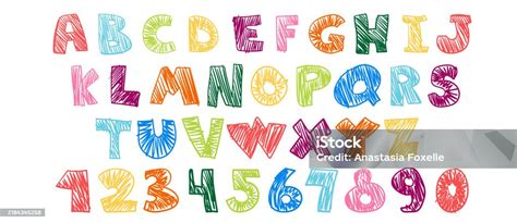 크레용 어린이 글꼴 낙서 재미 있은 장난기 넘치는 알파벳 손으로 그린 문자와 숫자 학교 왁스 크레용 Abc 교육 배너 학교 유치원 벡터 만화 어린이 일러스트 낱말에 대한