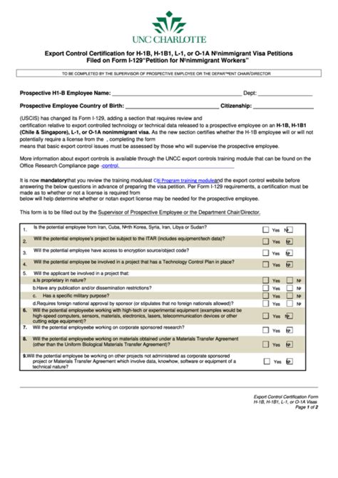 Export Control Certification For H 1b H 1b1 L 1 Or O 1a Nonimmigrant
