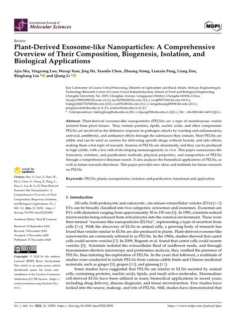 Plant Derived Exosome Like Nanoparticles A Comprehensive Overview Of Their Composition