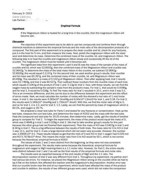 Experiment 5 Post Lab Chem1300 Isabela Cifuentes February 3rd 2023 Chem 1300 D Lab Partner