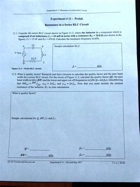Experiment Prelab Resonance In A Series Rlc Circuit Composed Of An Inductance L Mh In
