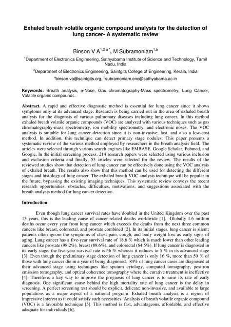 Pdf Exhaled Breath Volatile Organic Compound Analysis For The Detection Of Lung Cancer A
