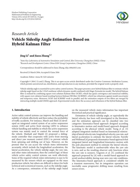Pdf Vehicle Sideslip Angle Estimation Based On Hybrid Kalman Filter