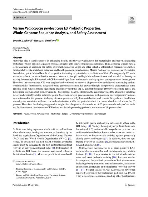 Pdf Marine Pediococcus Pentosaceus E3 Probiotic Properties Whole Genome Sequence Analysis