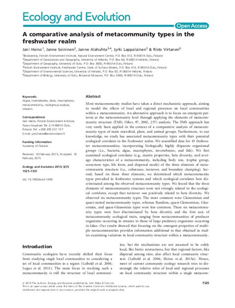 Pdf A Comparative Analysis Of Metacommunity Types In The Freshwater Realm