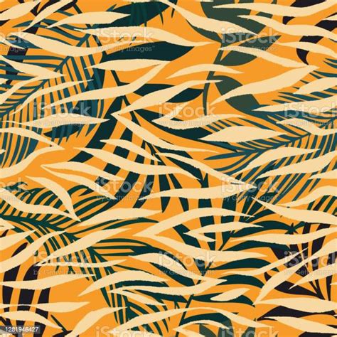 호랑이 얼룩말 스트라이프 피부 질감과 혼합 식물 원한 패턴 손으로 그린 판타지 이국적인 잔가지와 잎 패션 직물 직물에 대한 허브 단풍 잎으로 만든 꽃 배경 벡터에 대한 스톡