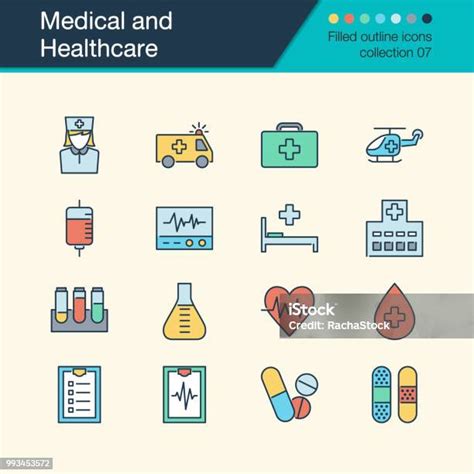 의료 및 의료 아이콘 채워진된 개요 디자인 컬렉션 7입니다 프레 젠 테이 션 그래픽 디자인 모바일 응용 프로그램 웹 디자인 인포 그래픽에 대 한 플랫 디자인에 대한 스톡