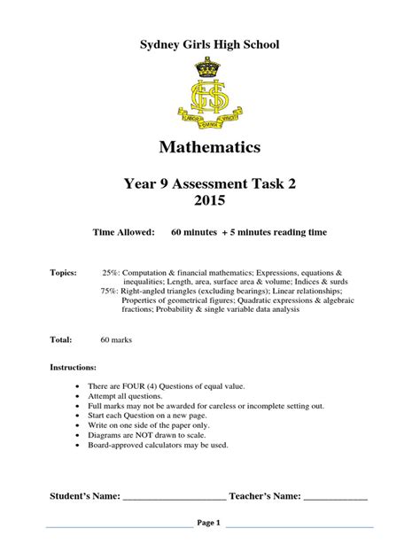 Sydney Girls 2015 Year 9 Maths Yearly And Solutions Pdf Area Mathematics