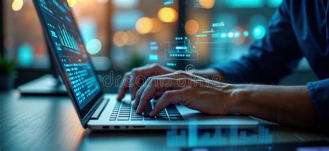 Person Uses Laptop With Modern Data Visualization Tools Hud Elements Overlay Tech Laptop Screen