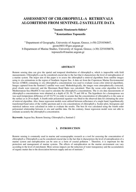 Pdf Assessment Of Chlorophyll A Retrievals Algorithms From Sentinel 2