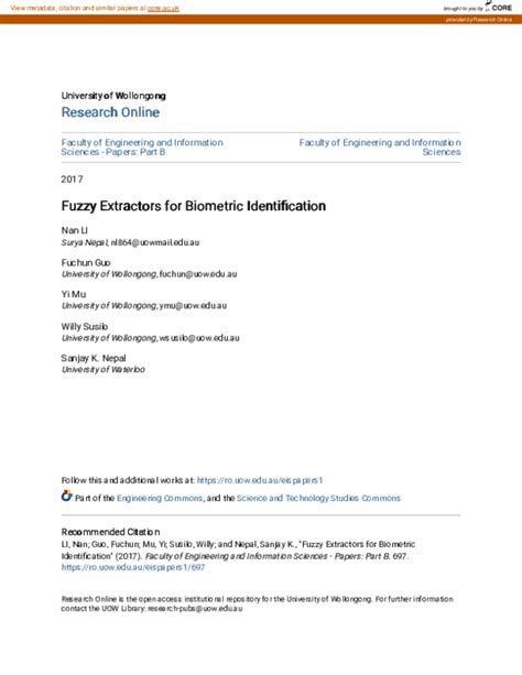 Pdf Fuzzy Extractors For Biometric Identification
