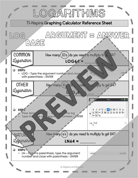 logarithms ti nspire graphing calculator reference sheet algebra