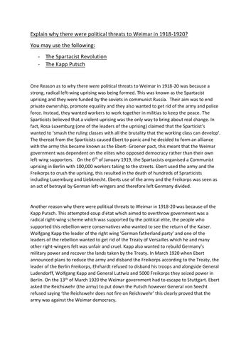 Explain Why There Were Political Threats To Weimar In 1918 1920