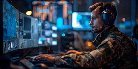 Military Officer Working At A Hightech Desk With Computer Equipment And