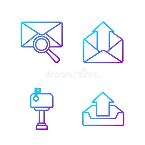 Set Line Upload Inbox Mail Box Envelope With Magnifying Glass And Outgoing Mail Gradient