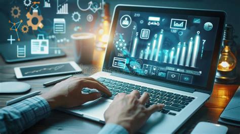 Business Finance Data Analytics Graph Chart Report Man Using Laptop Computer Hand Typing Stock