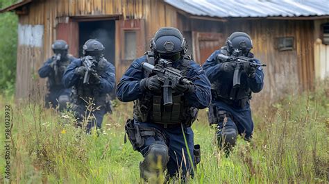 A Realistic Photograph Of Three Swat Team Members In Full Gear