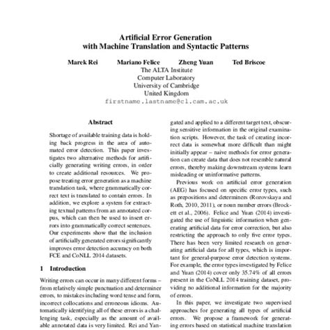 Artificial Error Generation With Machine Translation And Syntactic