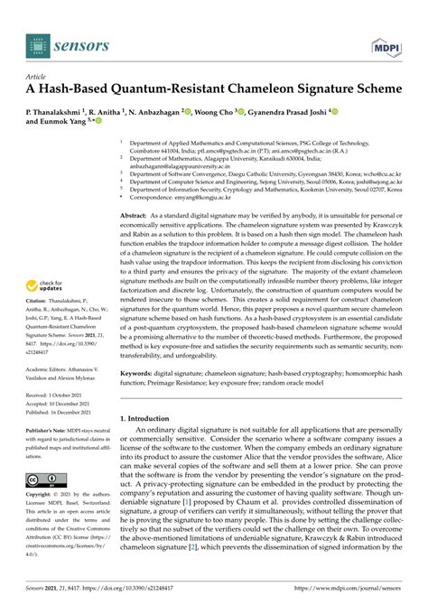 Pdf A Hash Based Quantum Resistant Chameleon Signature Scheme