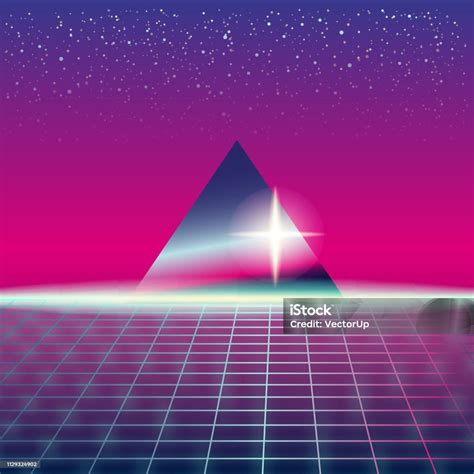 Synthwave 복고 스타일된 레이저 격자 피라미드와 미래 풍경입니다 네온 Retrowave 디자인 및 공상 과학 요소 80 년대 90 년대 공간 벡터 일러스트 레이 션