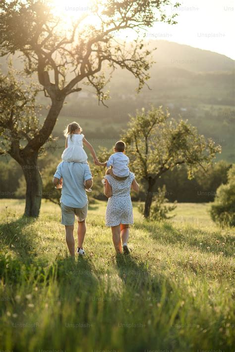 해질녘 야외에서 초원을 걷는 두 명의 어린 자녀와 함께 가족의 뒷모습 피기백 타기 사진 Unsplash의 바깥 이미지