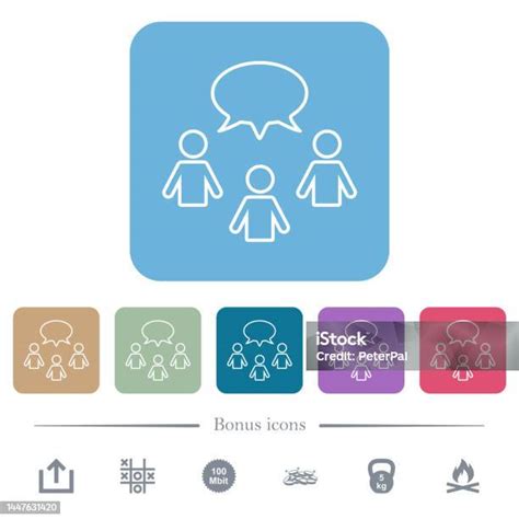 타원형 거품 윤곽선 평면 아이콘을 가진 세 명의 말하는 사람 컬러 둥근 사각형 배경 기포에 대한 스톡 벡터 아트 및 기타 이미지