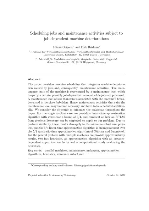 Pdf Scheduling Jobs And Maintenance Activities Subject To Job Dependent Machine Deteriorations
