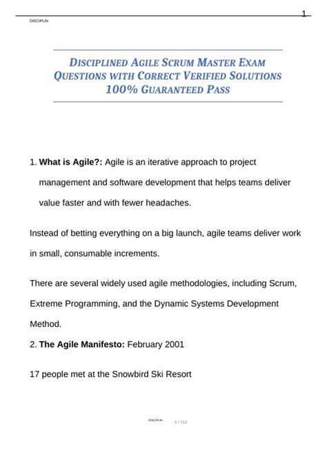 Disciplined Agile Scrum Master Exam Questions With Correct Verified Solutions 100 Guaranteed