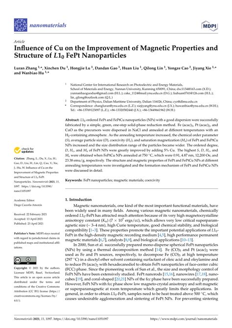 Pdf Influence Of Cu On The Improvement Of Magnetic Properties And Structure Of L10 Fept