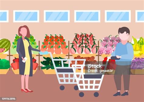 신선한 유기농 과일 야채 현대 슈퍼마켓 쇼핑몰 인테리어 만화 캐릭터 전체 길이 평면 수평 구입 트롤리 카트를 들고 남자 여자 고객 건강한 생활방식에 대한 스톡 벡터 아트 및