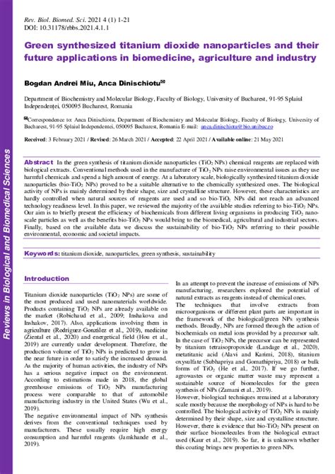 Pdf Green Synthesized Titanium Dioxide Nanoparticles And Their Future Applications In