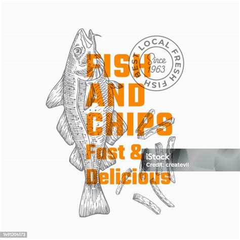빠르고 맛있는 피쉬 앤 칩스 추상 벡터 기호 기호 또는 엠블럼 템플릿입니다 손으로 그린 대구 생선과 감자 튀김을 현대적인 타이포그래피로 그렸습니다 프리미엄 품질의 벡터
