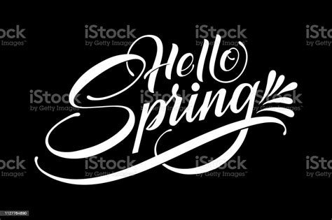 손이 그린된 글자 안녕하세요 봄 우아한 현대 필기 서 예 잉크 그림 벡터 어두운 배경에 타이 포 그래피 포스터입니다 카드 초대장 인쇄 등 서예에 대한 스톡 벡터 아트 및