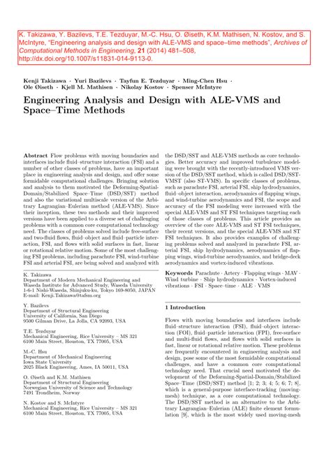 Pdf Engineering Analysis And Design With Ale Vms And Spacetime Methods