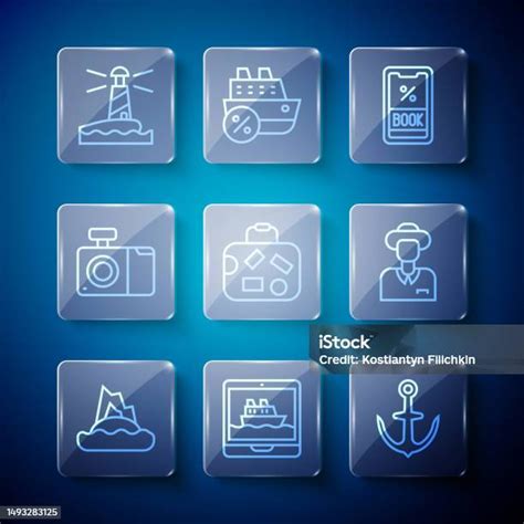 바다 유람선 닻 티켓 여행 가방 사진 카메라 등대 및 관광 아이콘에 열대 섬을 설정합니다 벡터 가방에 대한 스톡 벡터 아트 및 기타 이미지 Istock