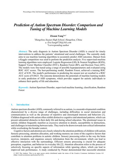Pdf Prediction Of Autism Spectrum Disorder Comparison And Tuning Of Machine Learning Models