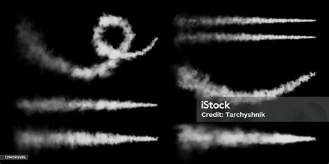 현실적인 비행기 응축 트레일 우주 로켓 발사 미사일 또는 총알 흔적 제트 항공기 트랙 하얀 연기 구름 안개 증기 흐름 벡터