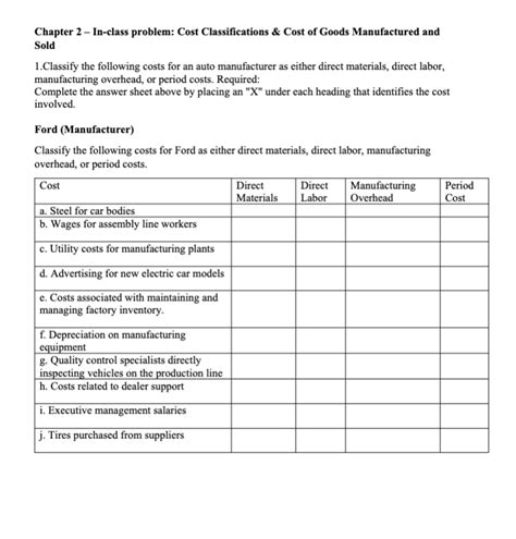 Solved Chapter 2 In Class Problem Cost Classifications And
