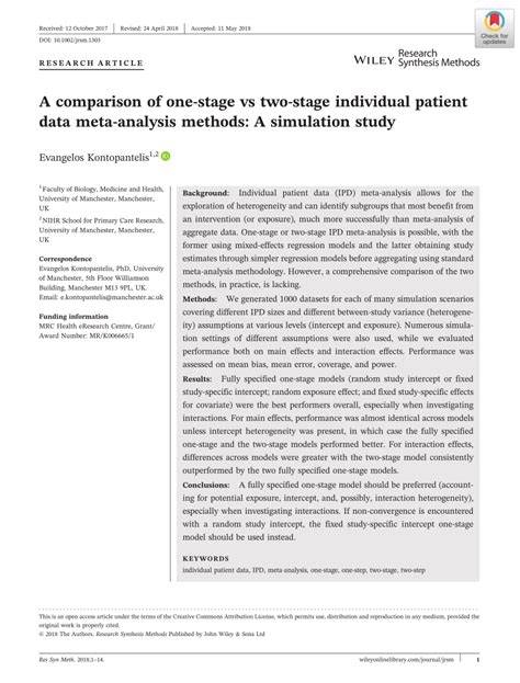 Pdf A Comparison Of One Stage Vs Two Stage Individual Patient Data Meta Analysis Methods A