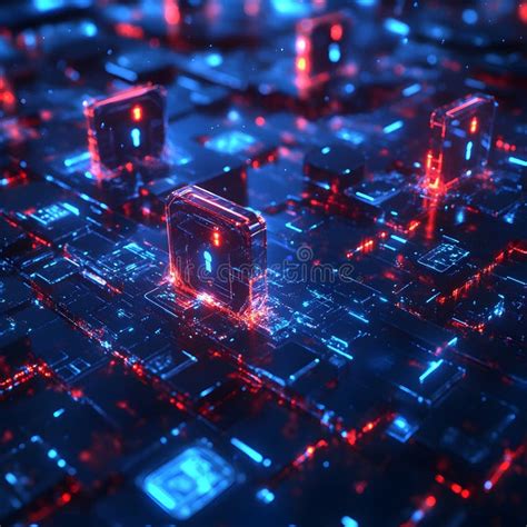 Glowing Red And Blue Cubes On Circuit Board Abstract Digital Art Stock