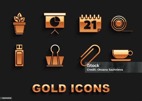 바인더 클립 스카치 커피 컵 플랫 종이 Usb 플래시 드라이브 캘린더 꽃 냄비 및 프리젠 테이션 금융 보드 그래프 일정 차트 다이어그램 인포 그래픽 원형 그래프 아이콘을