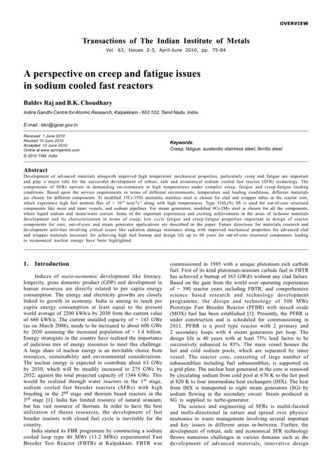 Pdf A Perspective On Creep And Fatigue Issues In Sodium Cooled Fast Reactors