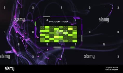 Image Of Interface Monitoring System Over Purple Network Floating On Black Background Stock