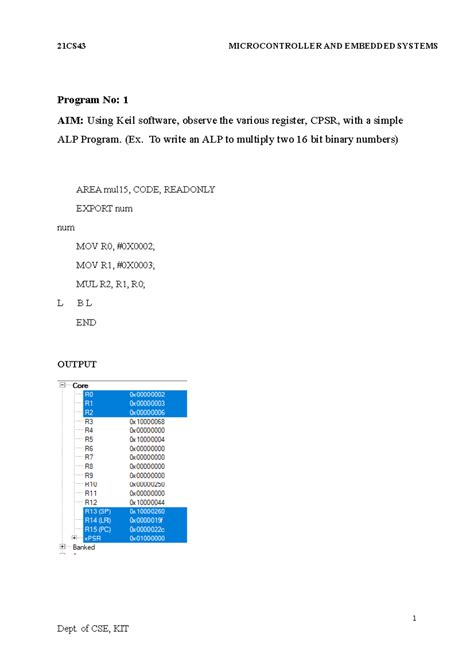 MC LAB Manual Program No AIM Using Keil Software Observe The Various Register CPSR With