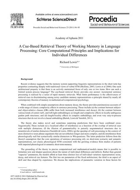 Pdf A Cue Based Retrieval Theory Of Working Memory In Language Processing Core Computational