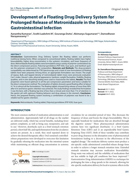 Pdf Development Of A Floating Drug Delivery System For Prolonged Release Of Metronidazole In