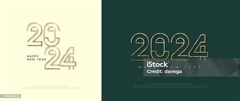 라인 아트 황금 숫자 2024 반짝 반짝 빛나는 고급스러운 색상 배너 포스터 달력 및 인사말 2024년 새해 복 많이 받으세요 12월 31일에 대한 스톡 벡터 아트 및 기타