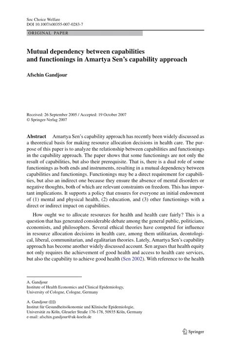 Pdf Mutual Dependency Between Capabilities And Functionings In Amartya Sens Capability Approach